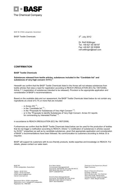 REACH - certificate - Performance Chemicals - Basf