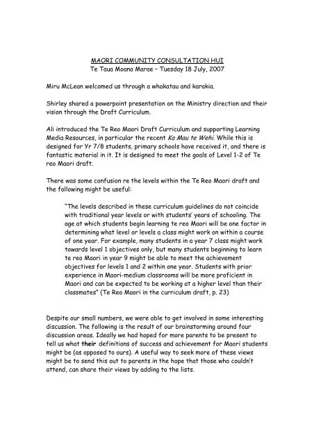 maori community consultation hui - Devonport Primary School