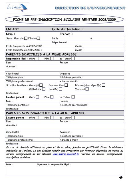 FICHE DE PRE-INSCRIPTION SCOLAIRE RENTREE 2008/2009