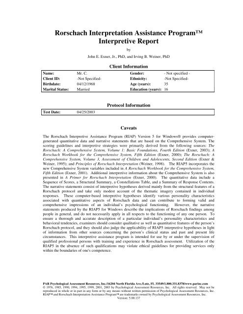Rorschach Interpretation Assistance Programâ ¢ Interpretive ... - ACER