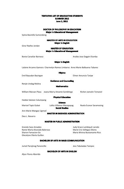 TENTATIVE LIST OF GRADUATING STUDENTS