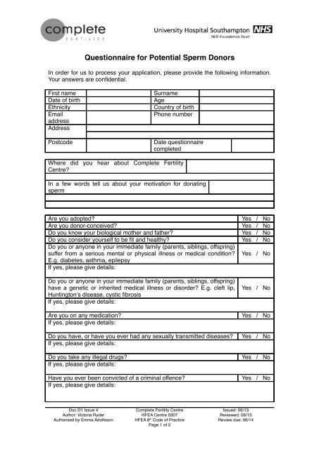 Sperm Donor Questionnaire - Complete Fertility Centre Southampton