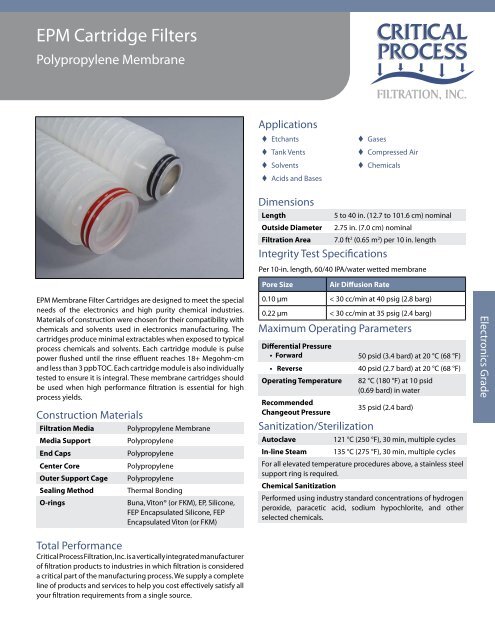 EPM Cartridge Filters - Critical Process Filtration