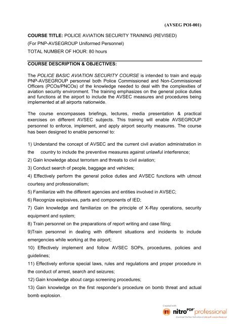 Police Aviation Security Basic Course - PNP Directorate for Operations