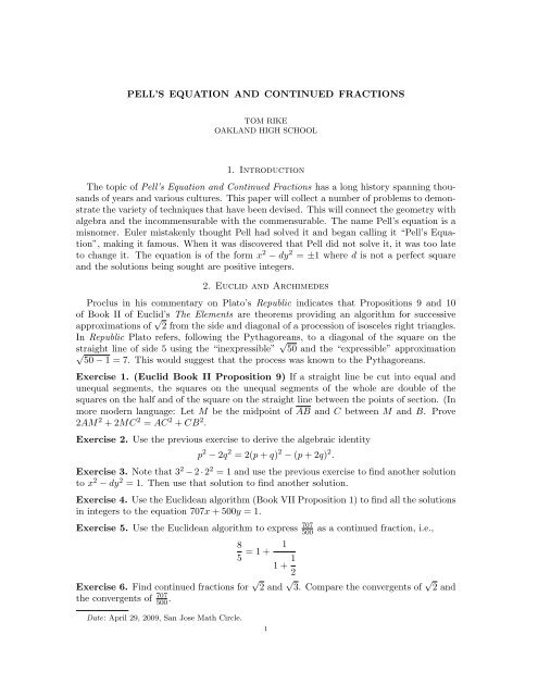 PELL'S EQUATION AND CONTINUED FRACTIONS 1. Introduction ...
