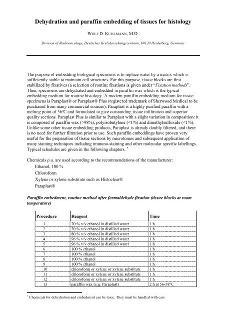 Dehydration and paraffin embedding of tissues for histology