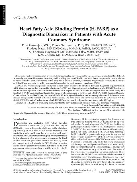Heart Fatty Acid Binding Protein (H-FABP) as a Diagnostic ...