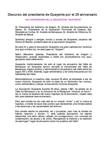 Discurso del presidente de Guayente por el 25 aniversario