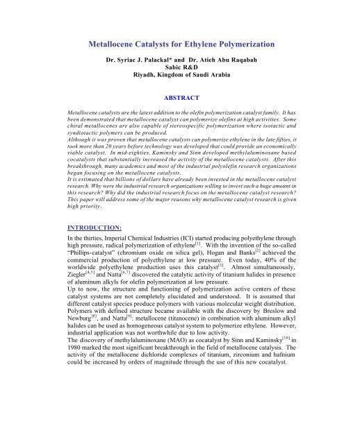 Metallocene Catalysts for Ethylene Polymerization