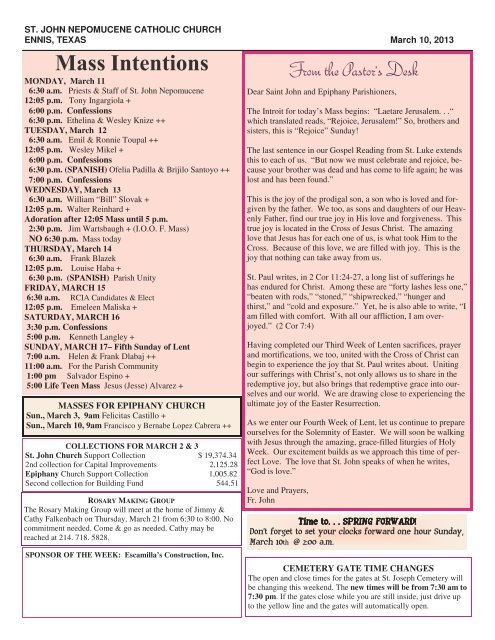 Mass Intentions - St. John Nepomucene Catholic Church, Ennis, TX