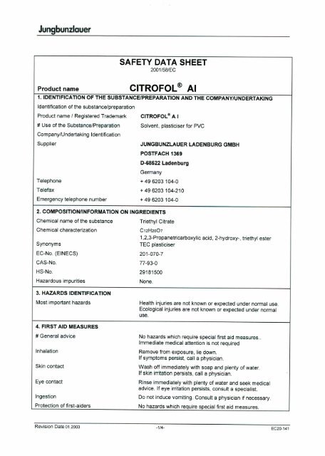 MSDS - Citrofol A1 triethyl citrate