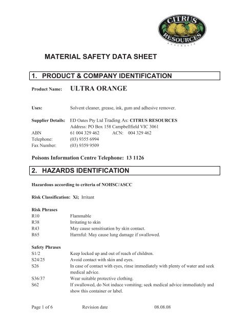 Ultra Orange - msds - Earth Basics