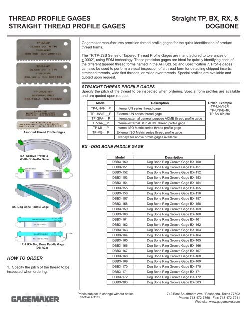 THREAD PROFILE GAGES STRAIGHT THREAD ... - Gagemaker