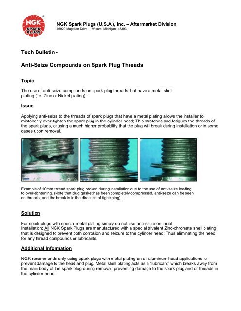 Tech Bulletin - Anti-Seize Compounds on Spark Plug Threads - NGK