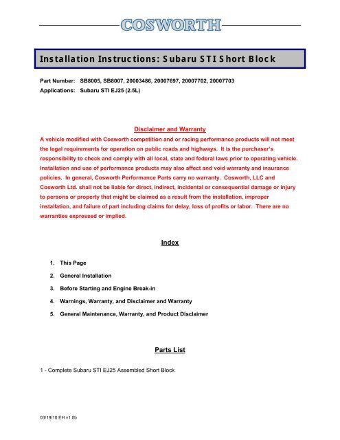 Installation Instructions: Subaru STI Short Block - Cosworth