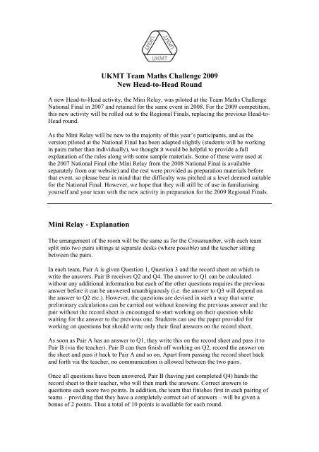 UKMT Team Maths Challenge 2009 New Head-to-Head Round Mini ...