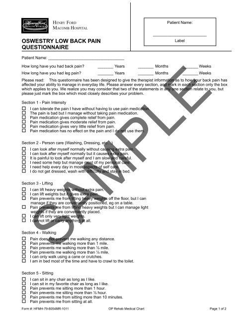 OSWESTRY LOW BACK PAIN QUESTIONNAIRE