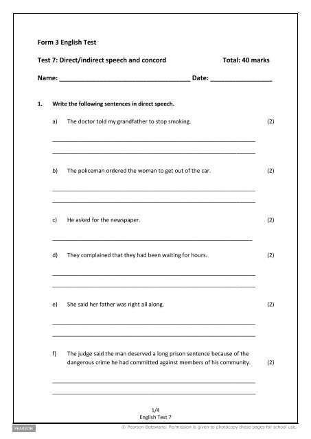 Form 3 English Test Test 7: Direct/indirect speech and ... - Pearson
