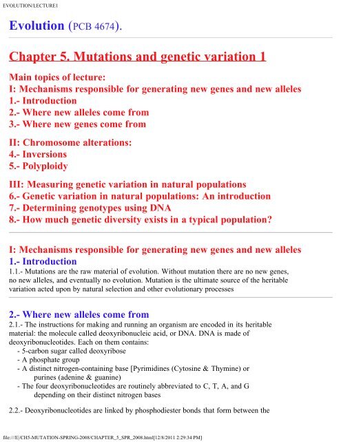 Evolution (PCB 4674). Chapter 5. Mutations and genetic variation 1