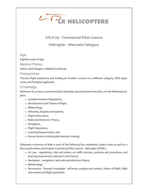 CPLH (a) - Commercial Pilot Licence Helicopter ... - LR Helicopters