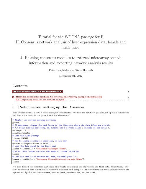 Tutorial for the WGCNA package for R II. Consensus network ...