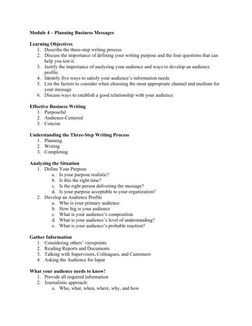 Module 4 â Planning Business Messages Learning Objectives 1 ...