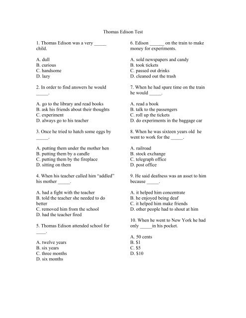 Thomas Edison Test 1. Thomas Edison was a ... - Garden of Praise
