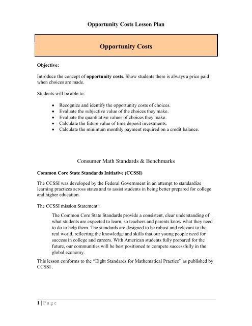 Opportunity Costs-Lesson Plan - SaveAndInvest.org