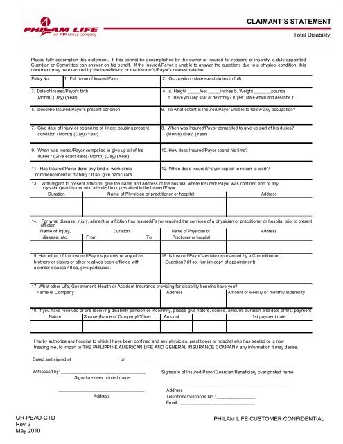 Claimant Statement for Total Disability Form - Philam Life