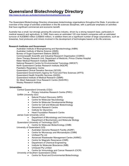 Queensland Biotechnology Directory