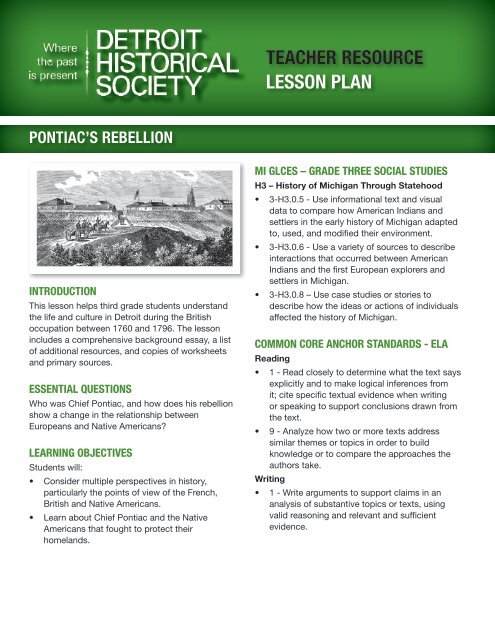 TEACHER RESOURCE LESSON PLAN - Detroit Historical Museum