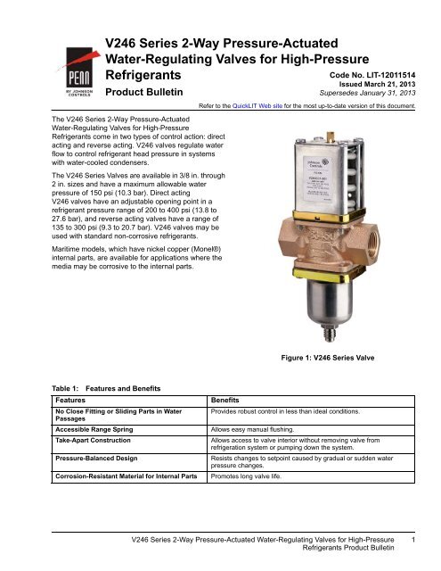 V246 Series 2-Way Pressure-Actuated Water ... - Johnson Controls