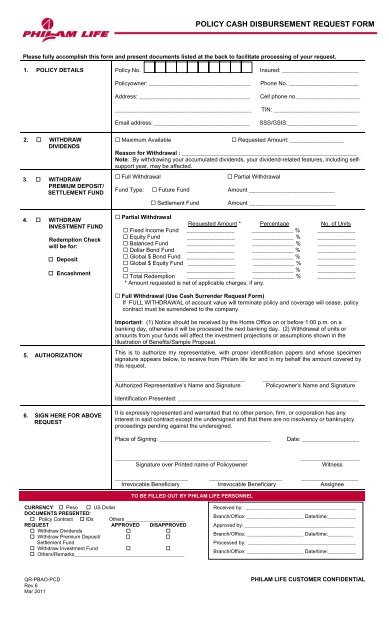 Policy Cash Disbursement Request Form - Philam Life