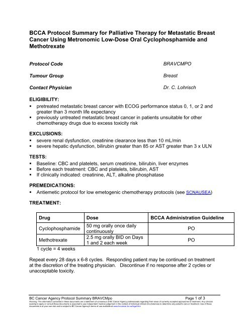 Title: BCCA Breast Tumor Group Protocol - BC Cancer Agency