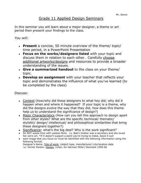 Grade 11 Applied Design Seminars - Assignment and Topics