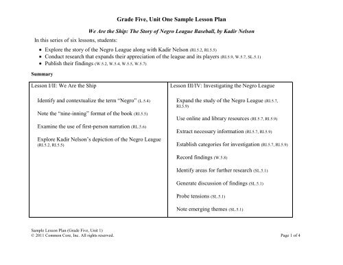 Grade Five, Unit One Sample Lesson Plan - Common Core