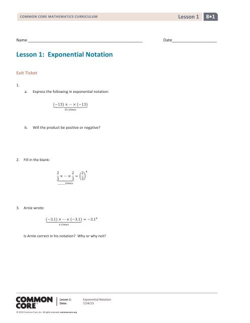 Lesson 1: Exponential Notation - Common Core