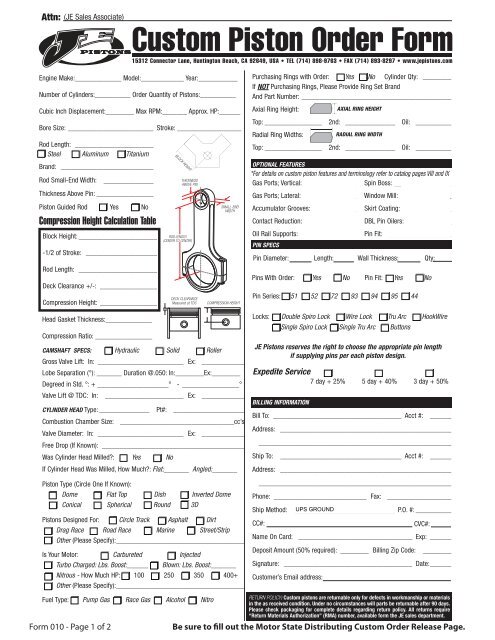Custom Piston Order Form - Motor State Distributing