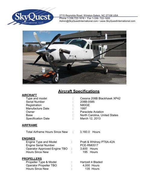 Aircraft Specifications - SkyQuest International, LLC