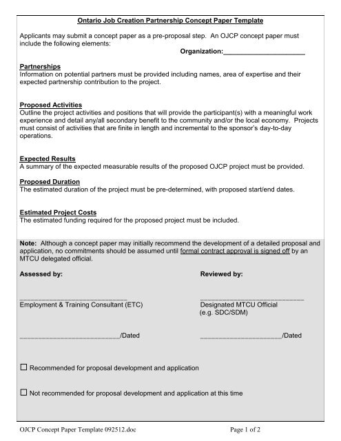 Ontario Job Creation Partnership Concept Paper Template