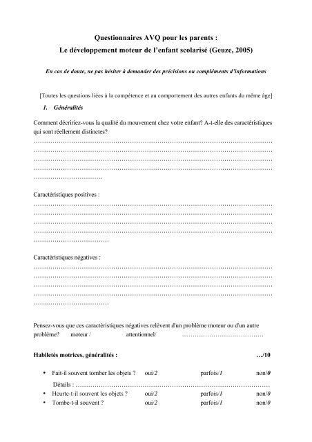 Questionnaires AVQ pour les parents Questionnaires AVQ pour les parents