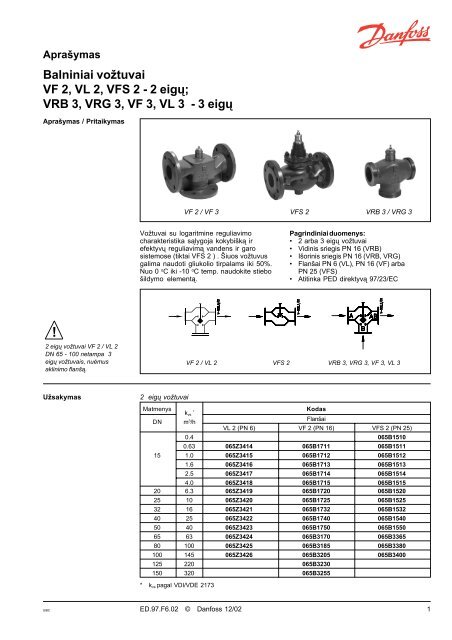 Balniniai vožtuvai VF 2, VL 2, VFS 2 - 2 eigų; VRB 3, VRG ... - Danfoss
