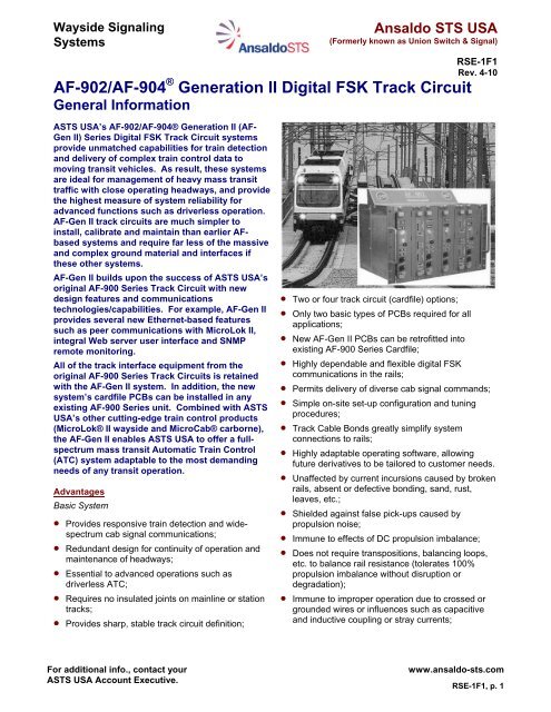 AF-902/AF-904 Generation II Digital FSK Track Circuit - Ansaldo STS