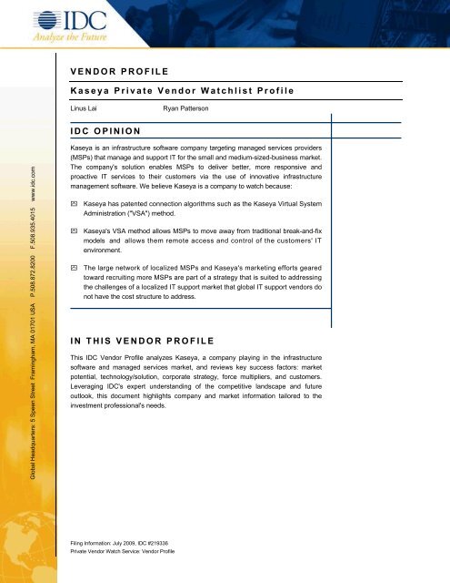 IDC Vendor Watch List - Kaseya