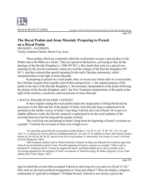 The Royal Psalms and Jesus Messiah - Word & World - Luther ...