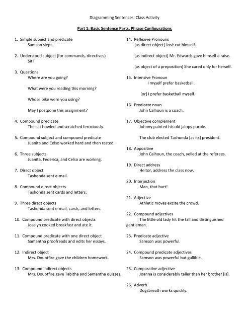 Diagramming Sentences: Class Activity Part 1: Basic Sentence Parts ... Diagramming Sentences: Class Activity Part 1: Basic Sentence Parts ...
