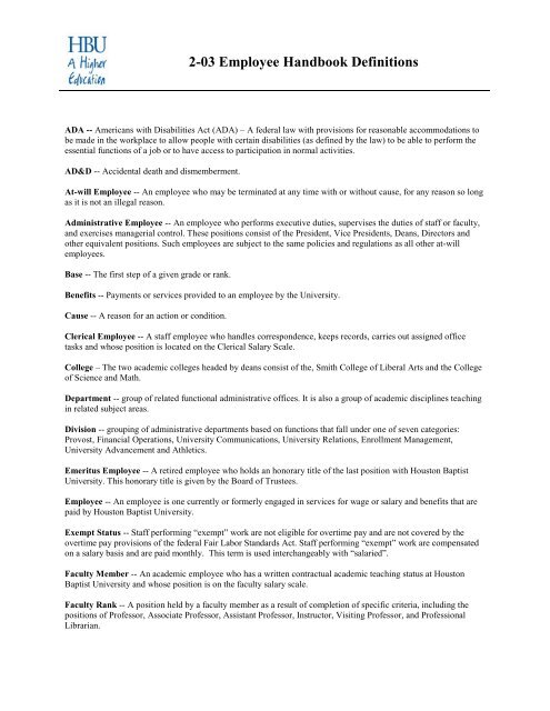 2-03 Employee Handbook Definitions - Houston Baptist University
