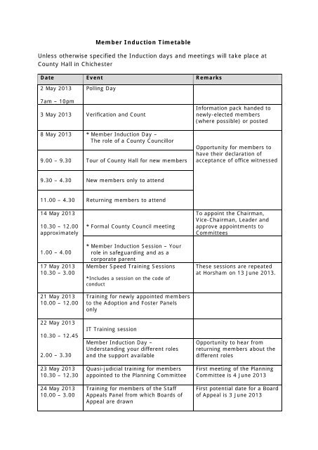 member induction programme timetable - West Sussex County ...