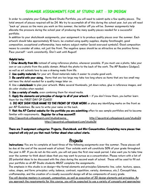 Summer Assignments for AP Studio Art â 3D Design ... - RC Artkids