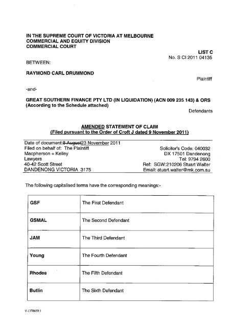 Amended Statement of Claim - Supreme Court Class Actions